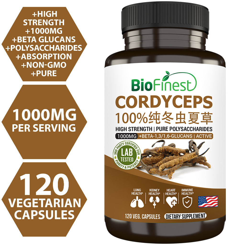 Biofinest Cordyceps Sinensis 1000mg Supplement - Asthma Cough Bronchitis Boost Energy Lung ...