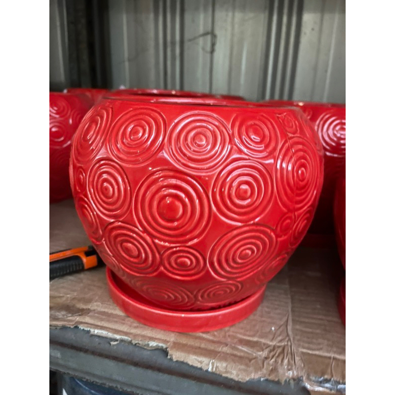 Red colour ceramic pot - dimension: 22cm width x 18cm height | Shopee ...
