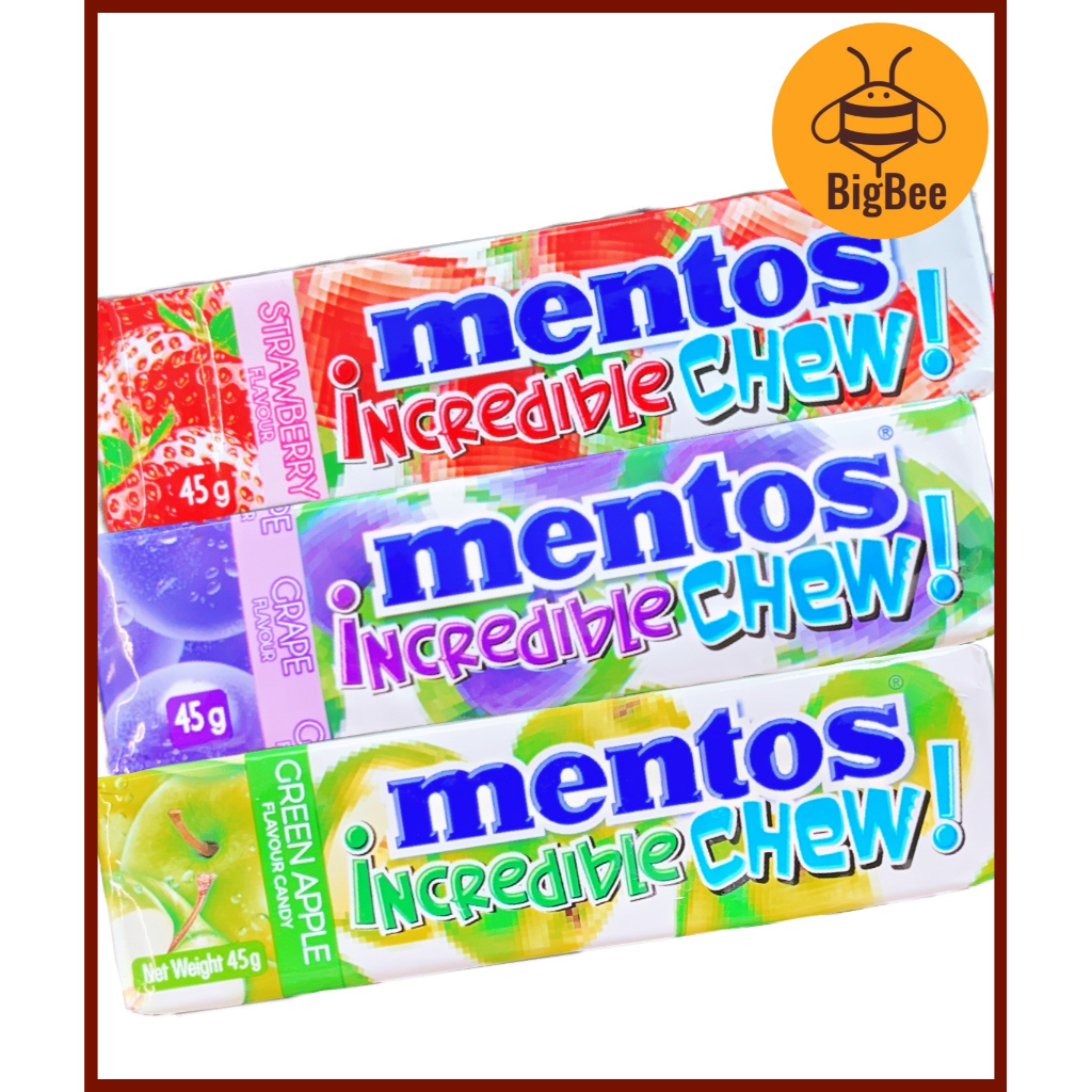 Mentos Incredible Chew - 45g Green Apple / Grape / Strawberry Flavours ...