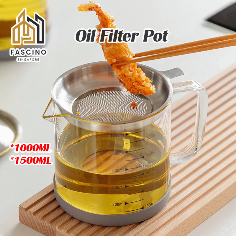 【SG】1.5L Transparent Glass Oil Filter Pot with Scale kitchen Oil ...
