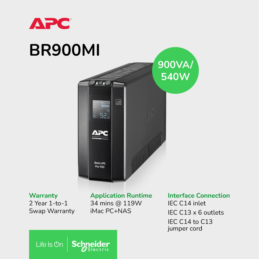APC Back UPS Pro BR 900VA, 6 Outlets, AVR, LCD Interface BR900MI ...