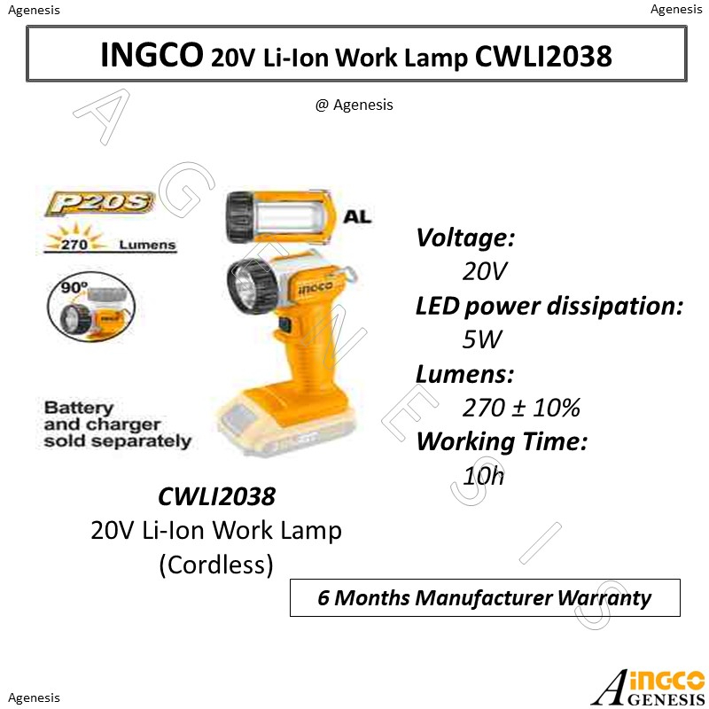INGCO 20V Li-Ion Work Lamp CWLI2038 | Shopee Singapore