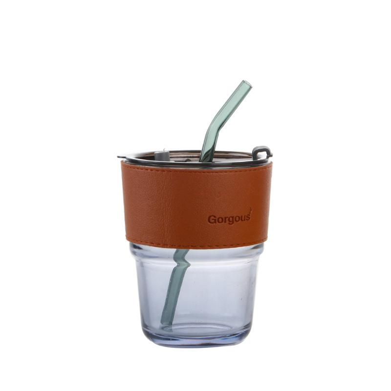 [SG Stock] Slub glass coffee cup with Lid leather Sleeve Straw cafe ...