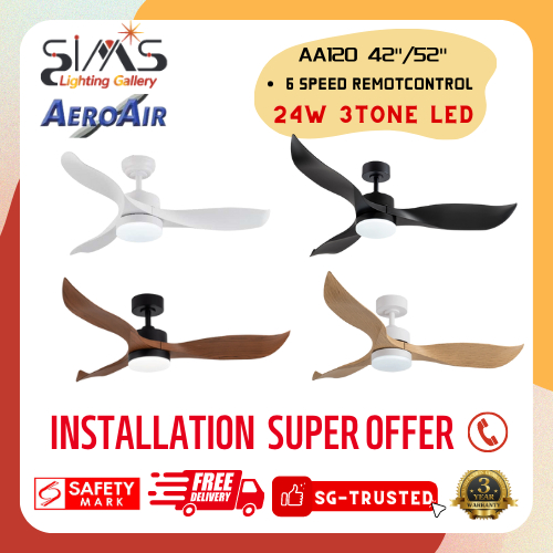 AeroAir AA120 DC Motor Ceiling Fan with 24W-3 Tone LED and Remote ...