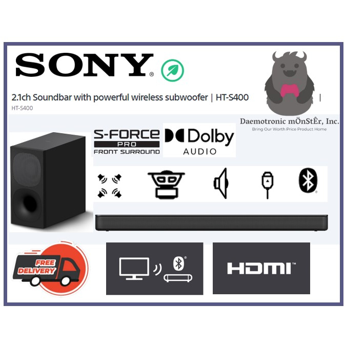 SONY HT-S400 2.1ch Soundbar with Powerful Wireless Subwoofer | Shopee ...