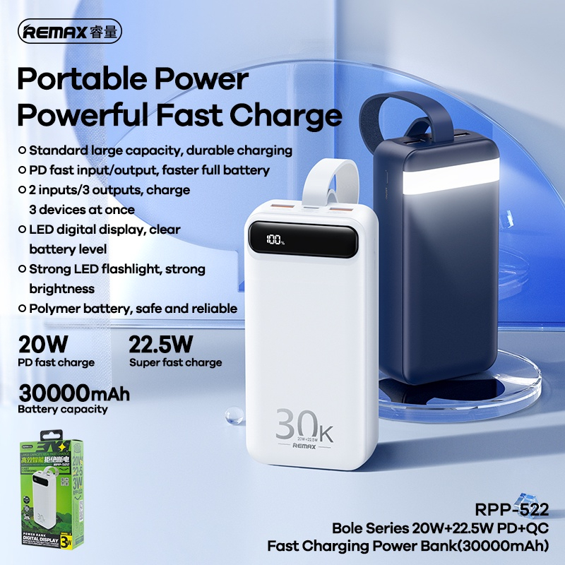 Hybrid REMAX RPP-522 20W+22.5W PD+QC Powerbank 30000mah Supports PD 2 Way Fast Charging With Led ...