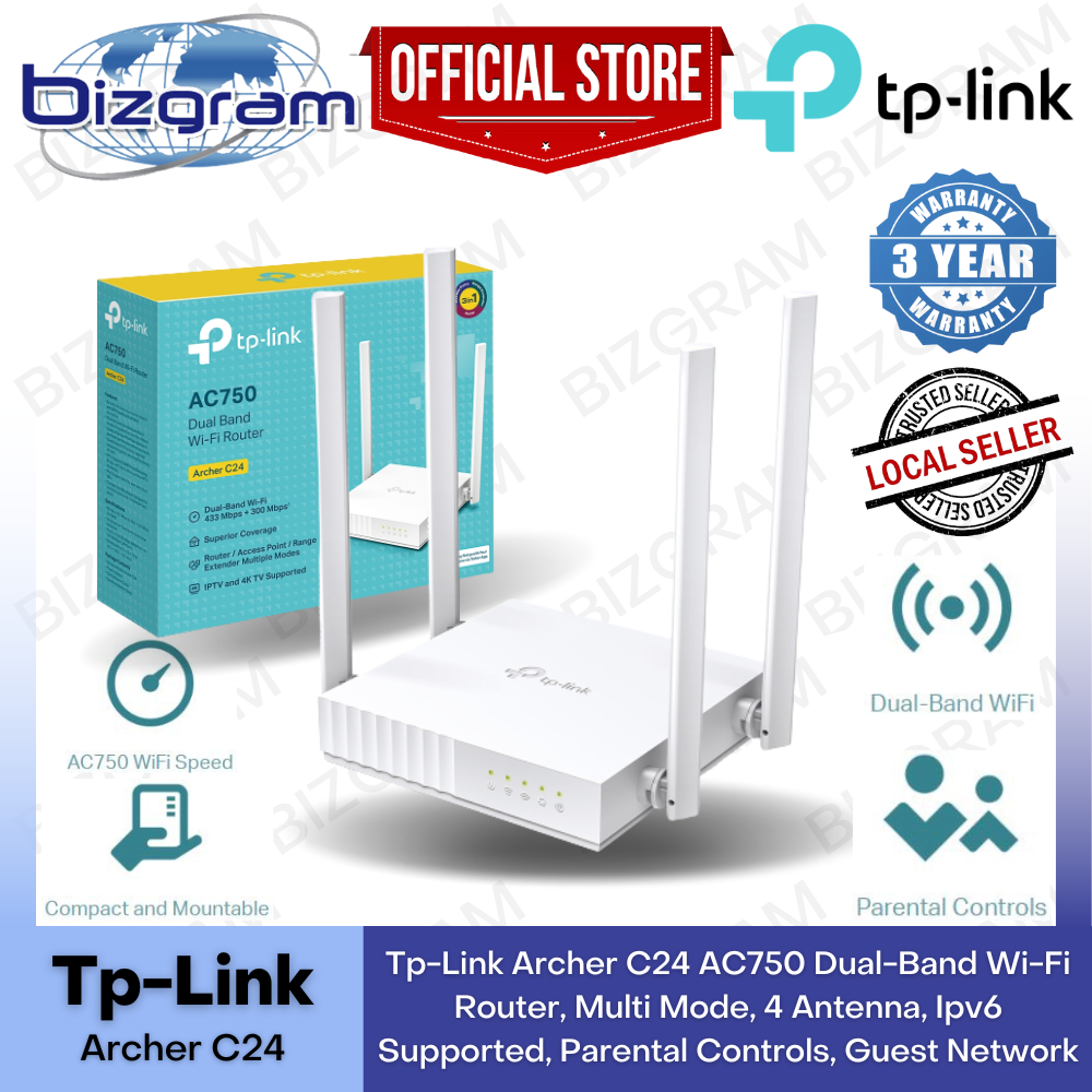 Tp-Link Archer C24 AC750 Dual-Band Wi-Fi Router, Multi Mode, 4 Antenna, Ipv6 Supported, Parental ...