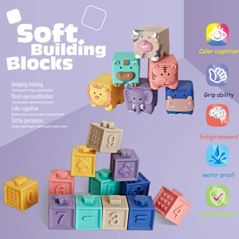[SG]Baby Soft Building Blocks Toy/Sensory Teethers Cube Block Grasp Toy ...