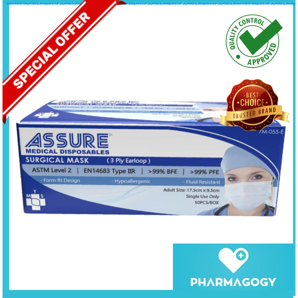 ASSURE Surgical Mask 3-ply Ear Loop [50pcs/box] | Shopee Singapore