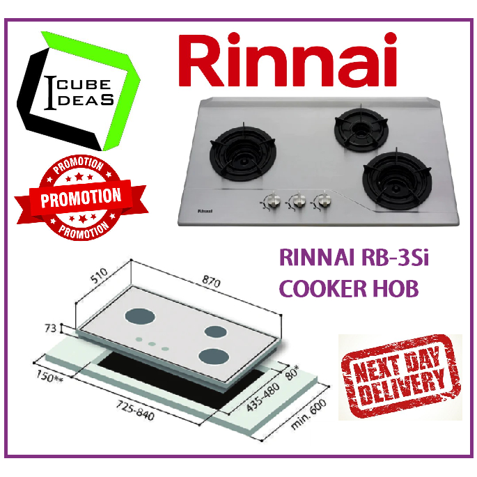 RINNAI RB-3Si 3 INNER BURNER BUILT-IN HOB STAINLESS STEEL - 1 YEAR MANUFACTURER WARRANTY + FREE ...