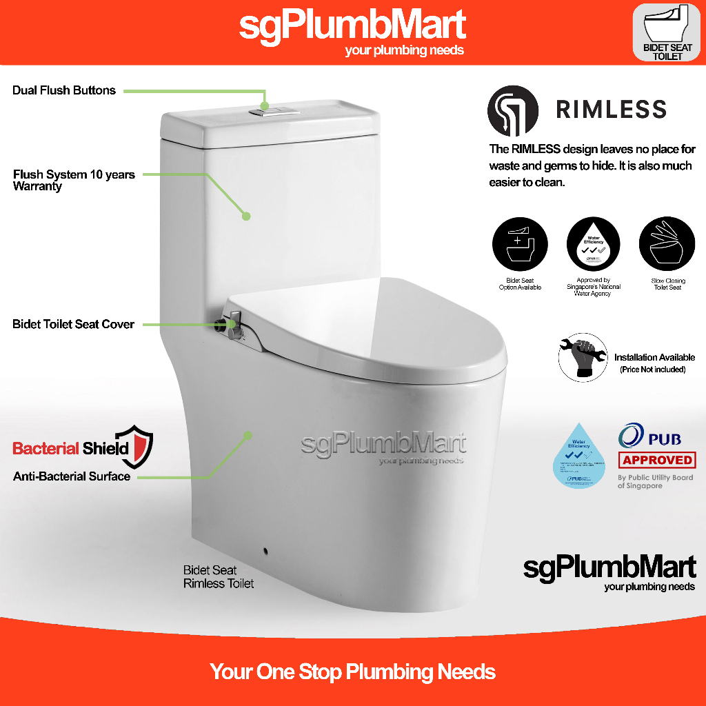 sgPlumbMart Rimless 1-Piece Toilet Bowl One Piece WC Model B Water ...