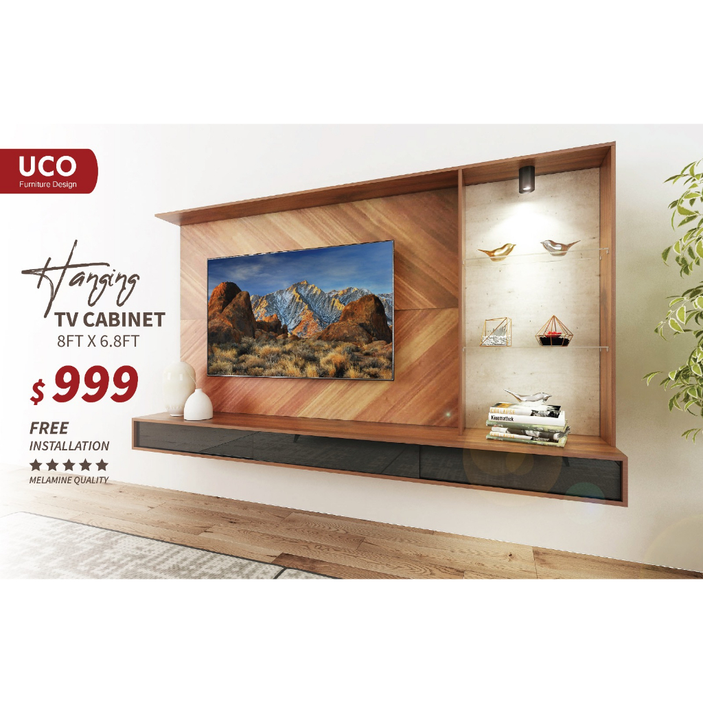 UCO HVTC05 8FT HANGING TV CABINET VENEER WALL WITH GLASS SHELVING ...