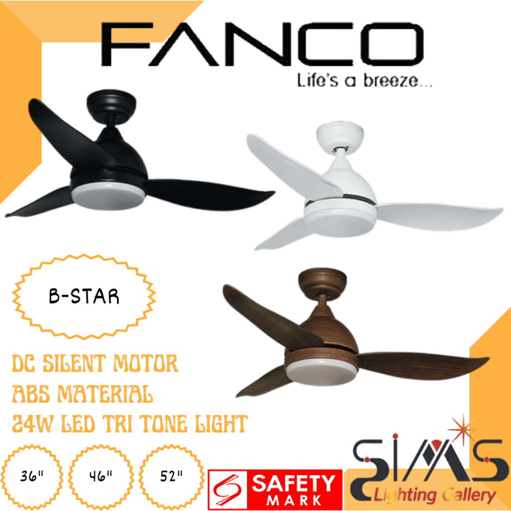 Fanco B-Star DC Motor Ceiling Fan with 24W-3 Tone LED and Remote ...