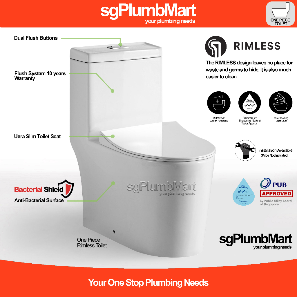 sgPlumbMart Rimless 1-Piece Toilet Bowl One Piece WC Model B Water ...