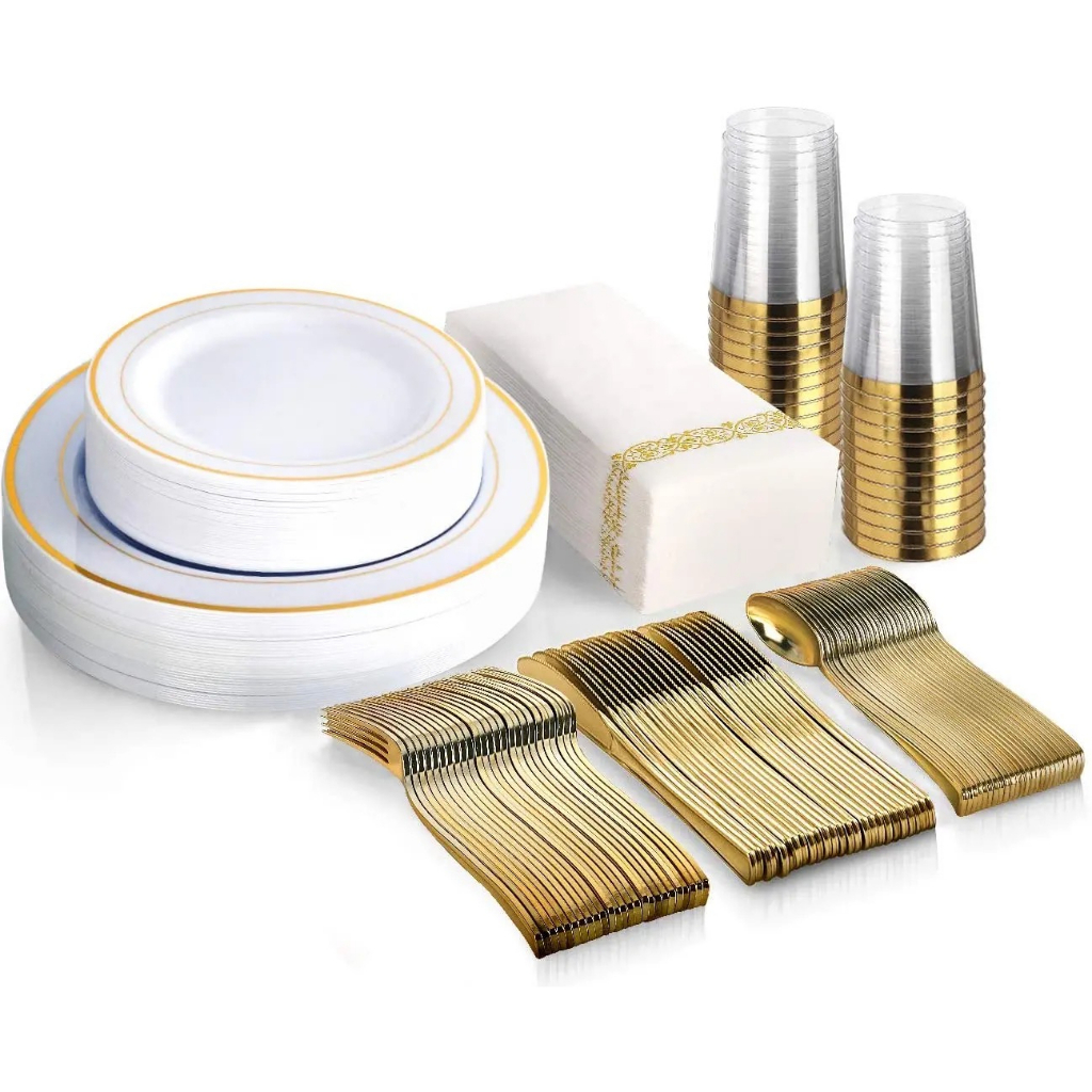 [SG Stock] 25 Pax Disposable Plastic Partyware Dinnerware Set with Gold ...