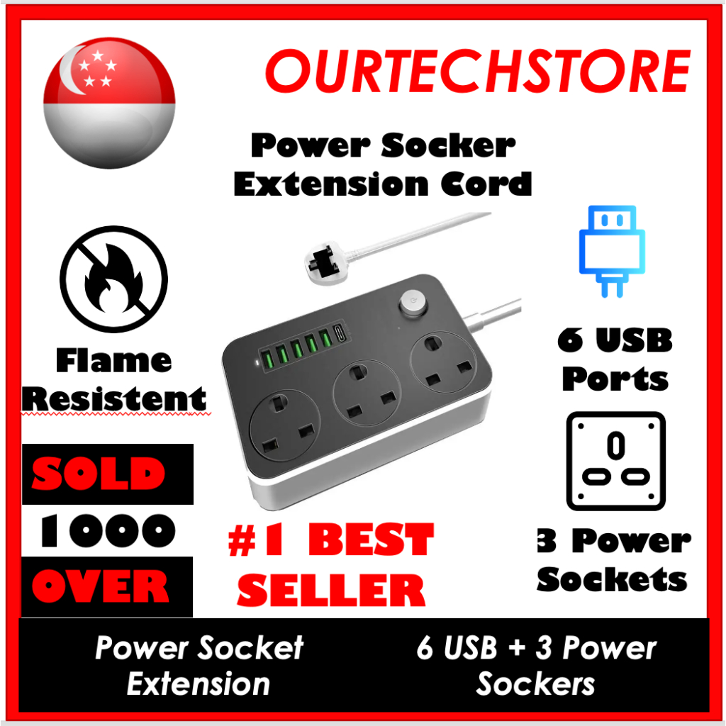 【SG 🇸🇬 Ready Stock】Power Socket Extension Cord Plug UK 3 Pin Plug + 6 ...