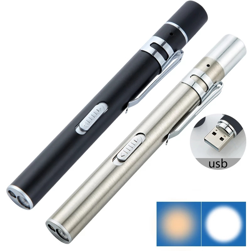 LED Torch Flashlight Pen Stainless Steel Medical Pen 2 Modes Light USB ...