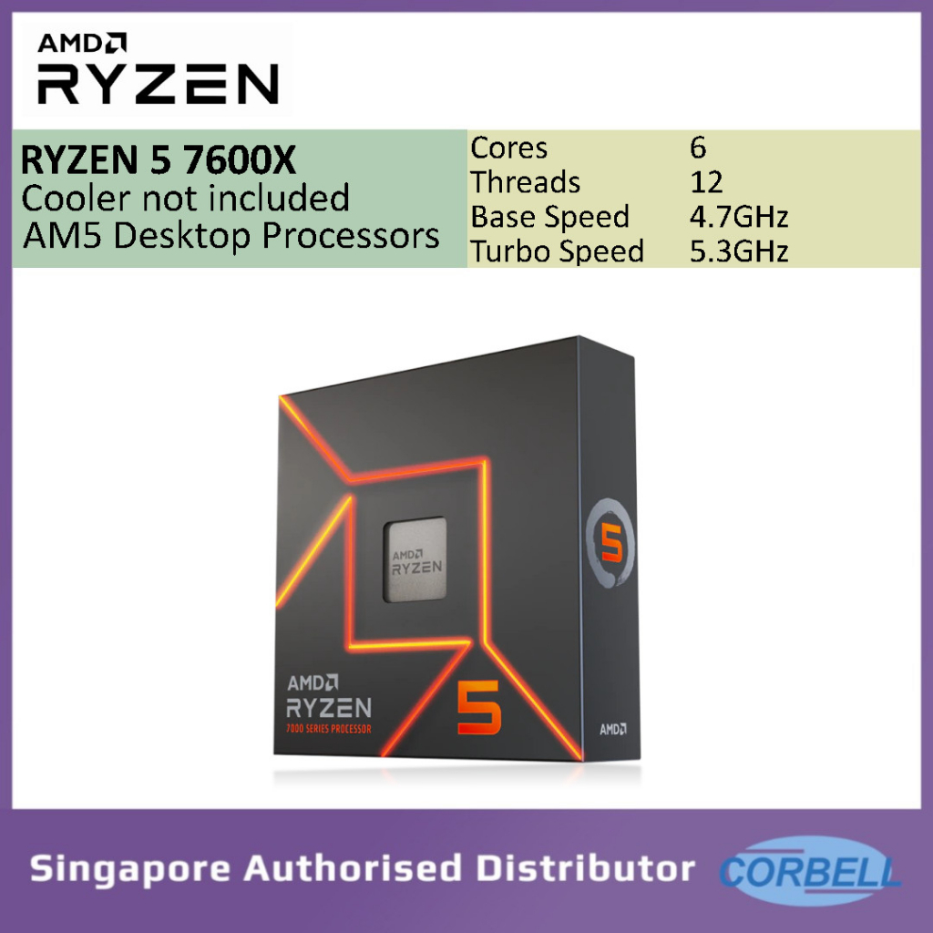 AMD RYZEN 5 7600X AM5 socket PC Processors Cooler not included Core 6 ...