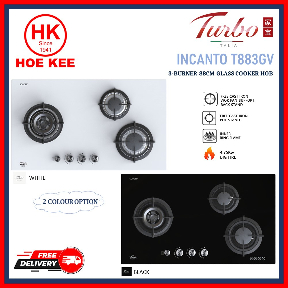 Turbo Incanto T883GV 88cm 3 Burners Built-In Glass Hob (Black / White) | Shopee Singapore