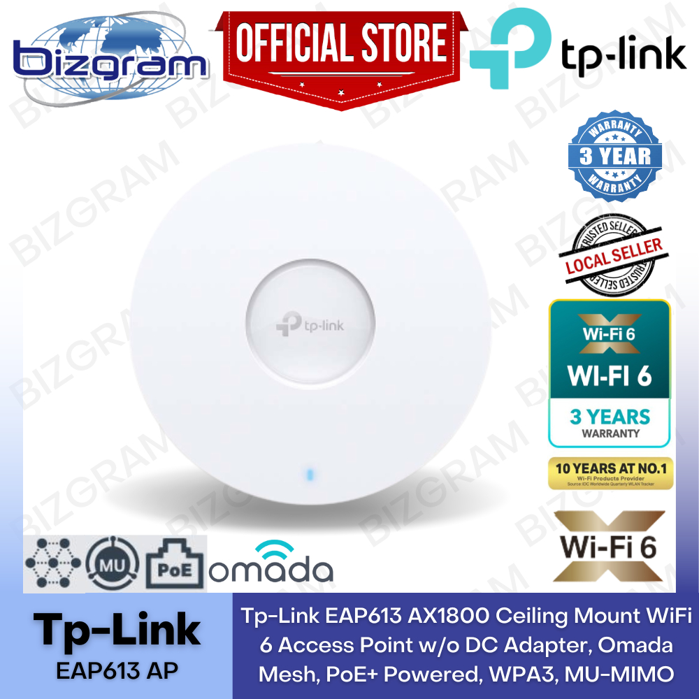 (NEW) Tp-Link EAP613 AX1800 Ceiling Mount WiFi 6 Access Point w/o DC Adapter, Omada Mesh, PoE+ ...