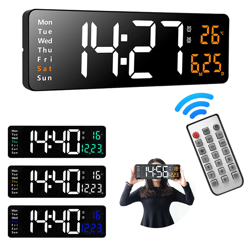 Remote Control Large Electronic Wall Clock Temp Date Power Off Memory ...