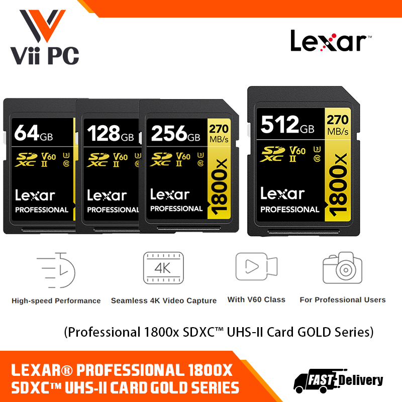 LEXAR Professional 1800x 64GB / 128GB / 256GB / 512GB SDXC UHS-II Card GOLD Series R270/W180 MB ...