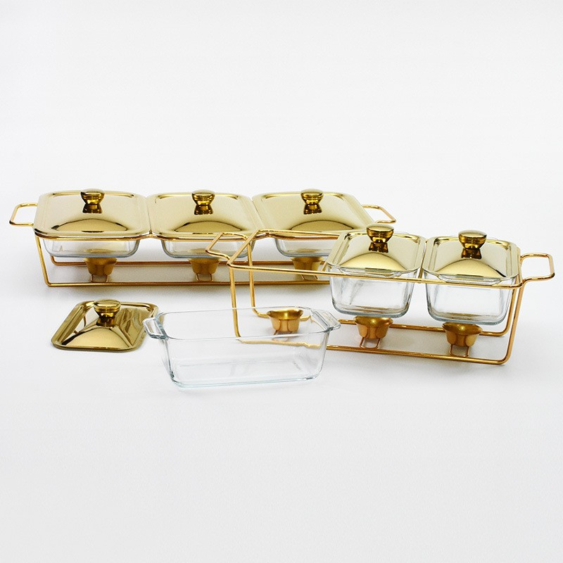 Buffet Stove Chaffing Dish Golden Rectangular Three-Grid Glass Dining ...