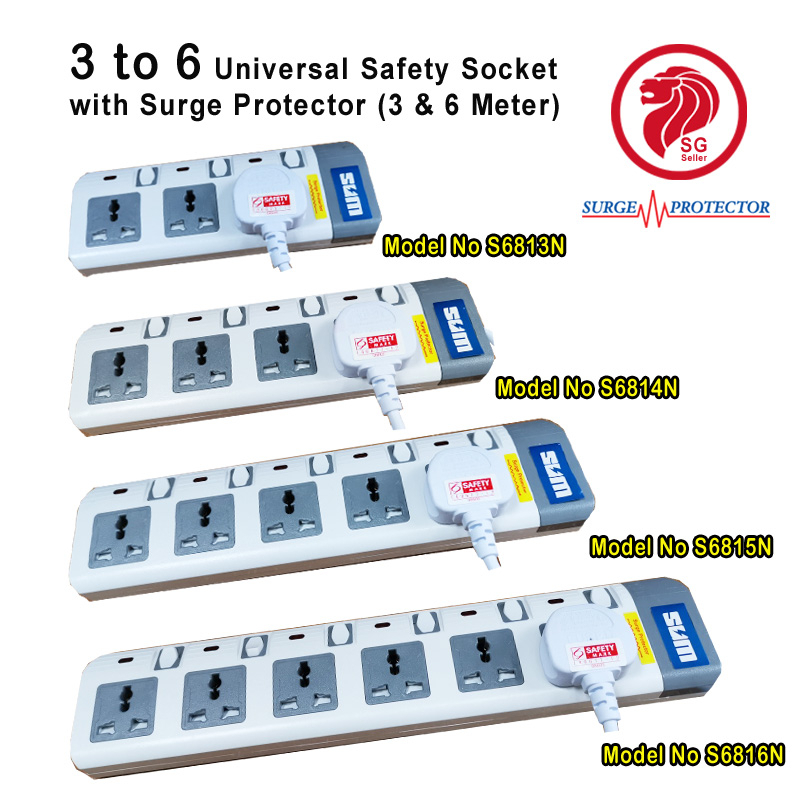 2 to 6 Way Universal Safety Extension Socket with Surge Protector (3 ...