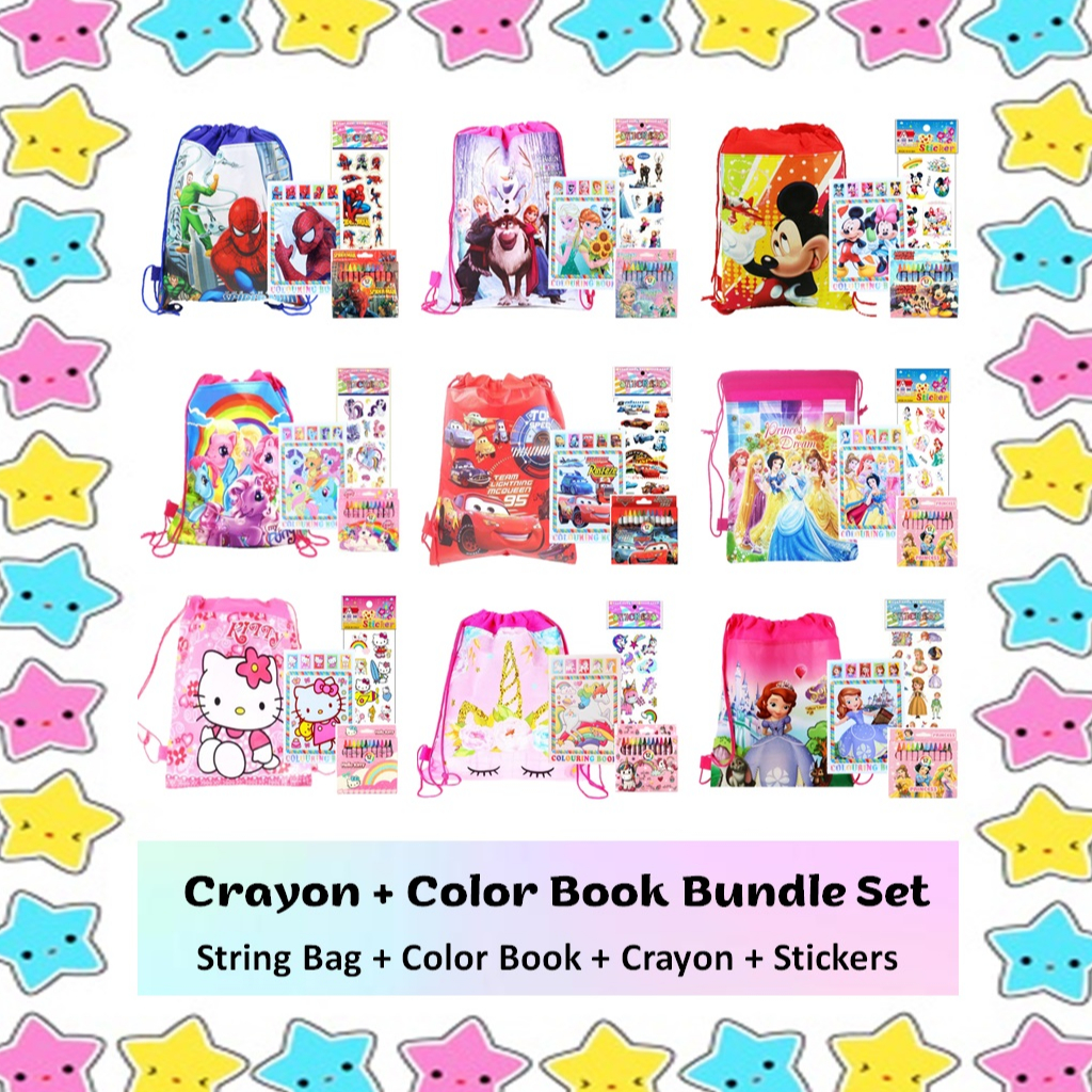 💖 CRAYON + COLOR BOOK + DRAWSTRING BAG + STICKERS Bundle Set Children ...