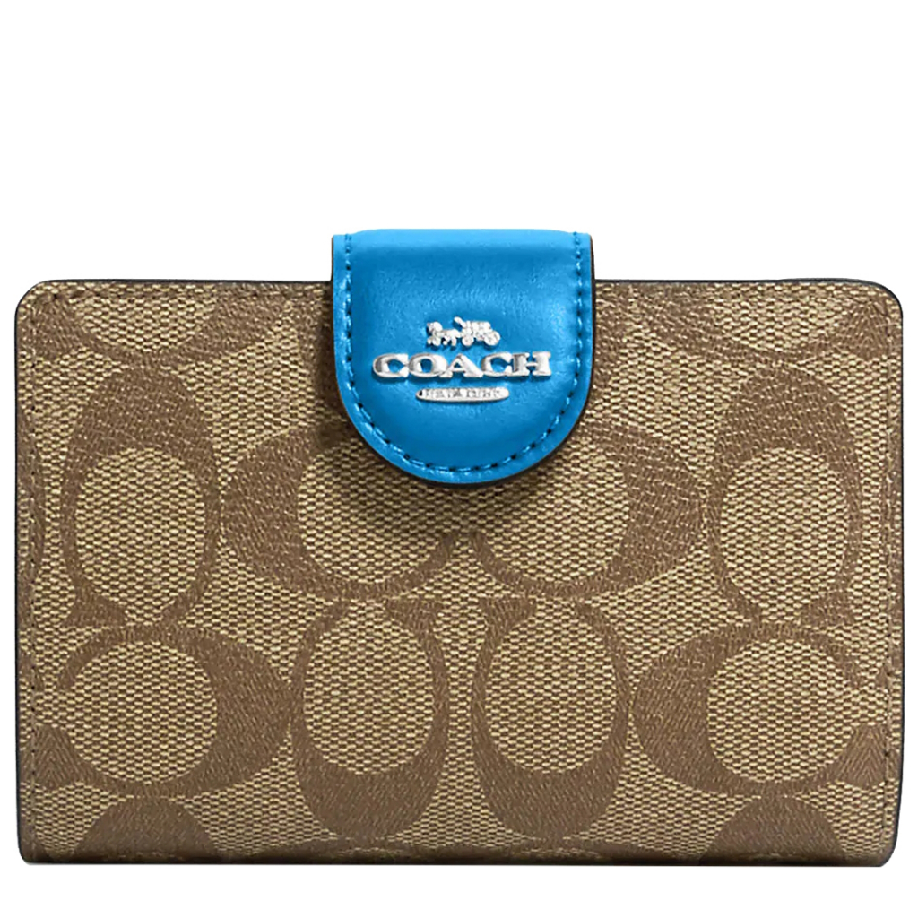 Coach Medium Corner Zip Wallet in Signature Canvas in Khaki/ Racer Blue ...