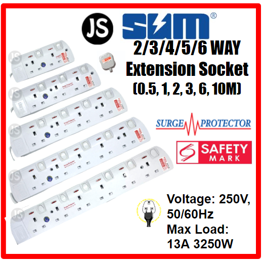 SUM 2/3/4/5/6 WAY Extension Socket (0.5, 1, 2, 3, 6, 10 Meters) with ...