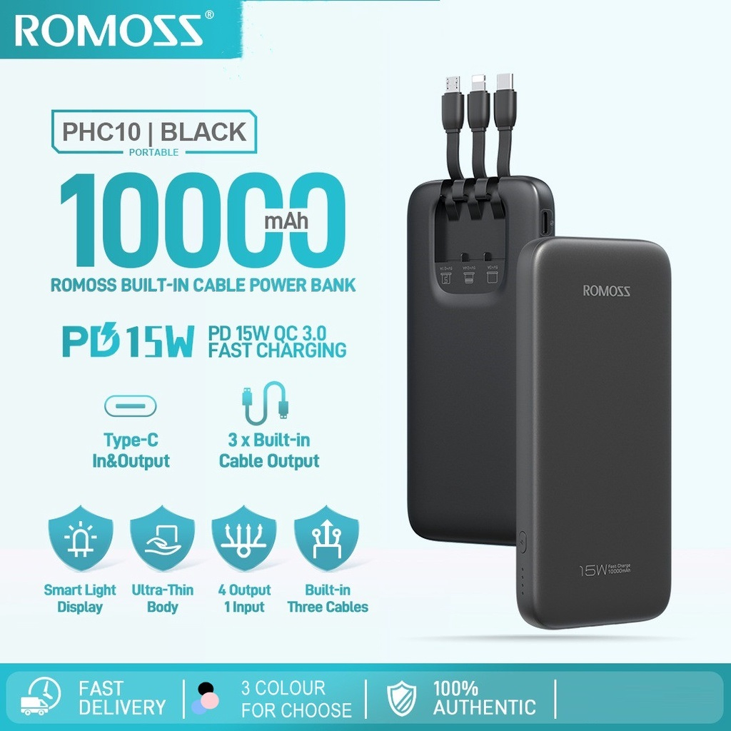 ROMOSS PHC10 10000mAh Power Bank Built in Lightning / Type-C / Micro ...