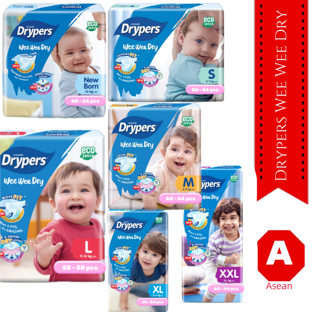 DRYPERS WEE WEE DRY DISPOSABLE DIAPERS NB5KG //S 3-7KG//M 6-11KG//L 9 ...