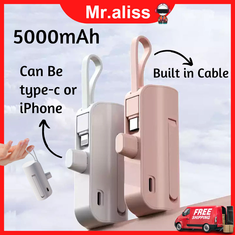 5000mAh Mini Powerbank Small 5000mAh with Built in Cable Type C ...