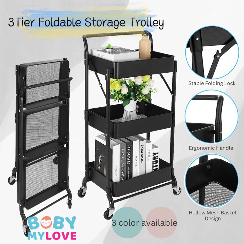 Foldable 3 Tier Metal Utility Rolling Cart, Folding Mobile Multi ...