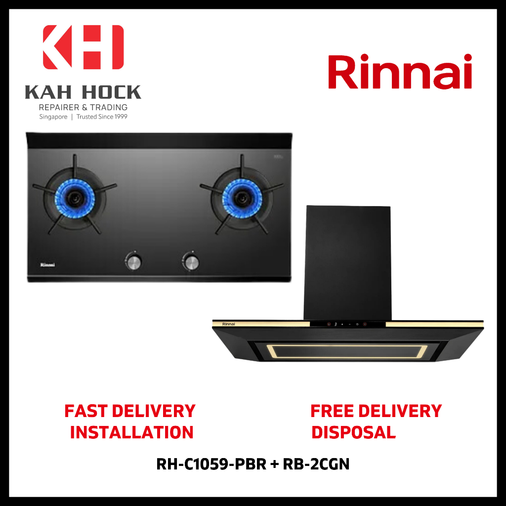 RINNAI RH-C1059-PBR CHIMNEY HOOD + RB-2CGN 2 INNER BURNER BUILT-IN HOB BUNDLE *INSTALLATION ...