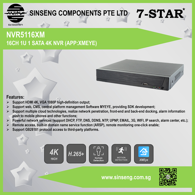 7-STAR* 4K 16CH NVR 1U with 1 SATA & 1 LAN Port, XMEYE App, IP Camera ...
