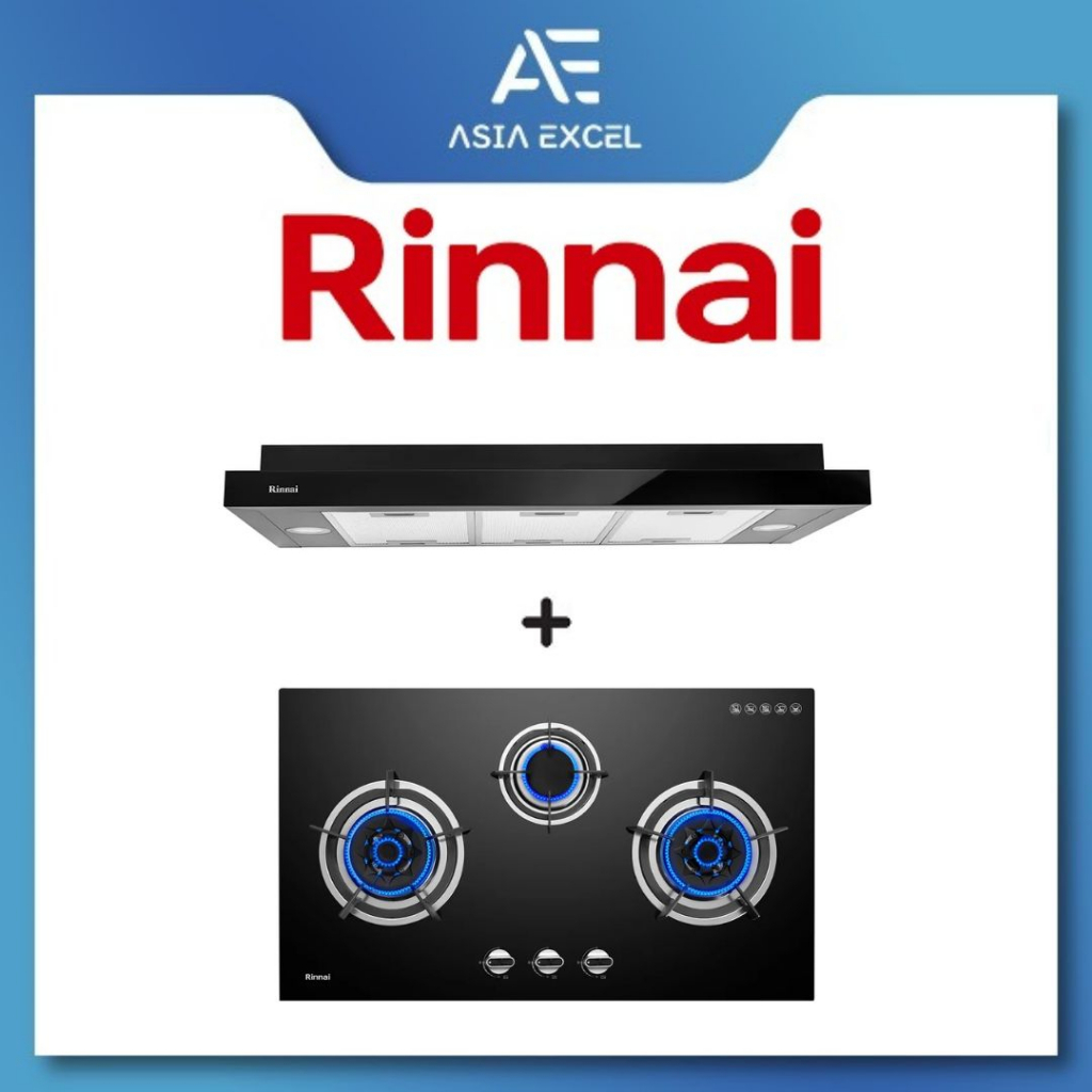 RINNAI RH-S329-PBR 90CM SLIMLINE HOOD + RINNAI RB-983G FLEXIHOB 88CM 3 BURNER GLASS BUILT-IN GAS ...