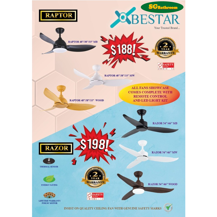 BESTAR RAPTOR DC Motor 3 Blade Ceiling Fan with 3 Tone LED Light Kit ...