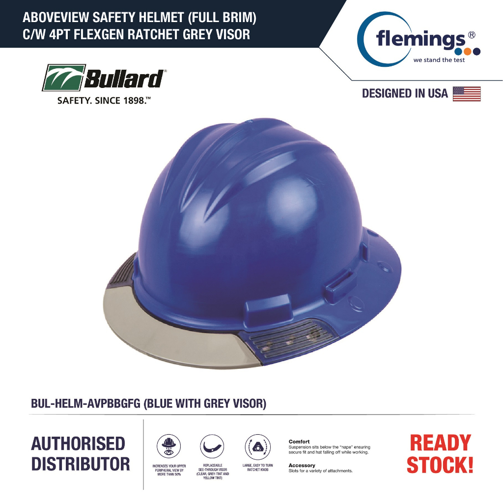 Bullard, ABOVEVIEW Safety Helmet, Blue, GREY VISOR with FlexGen 4-point ...