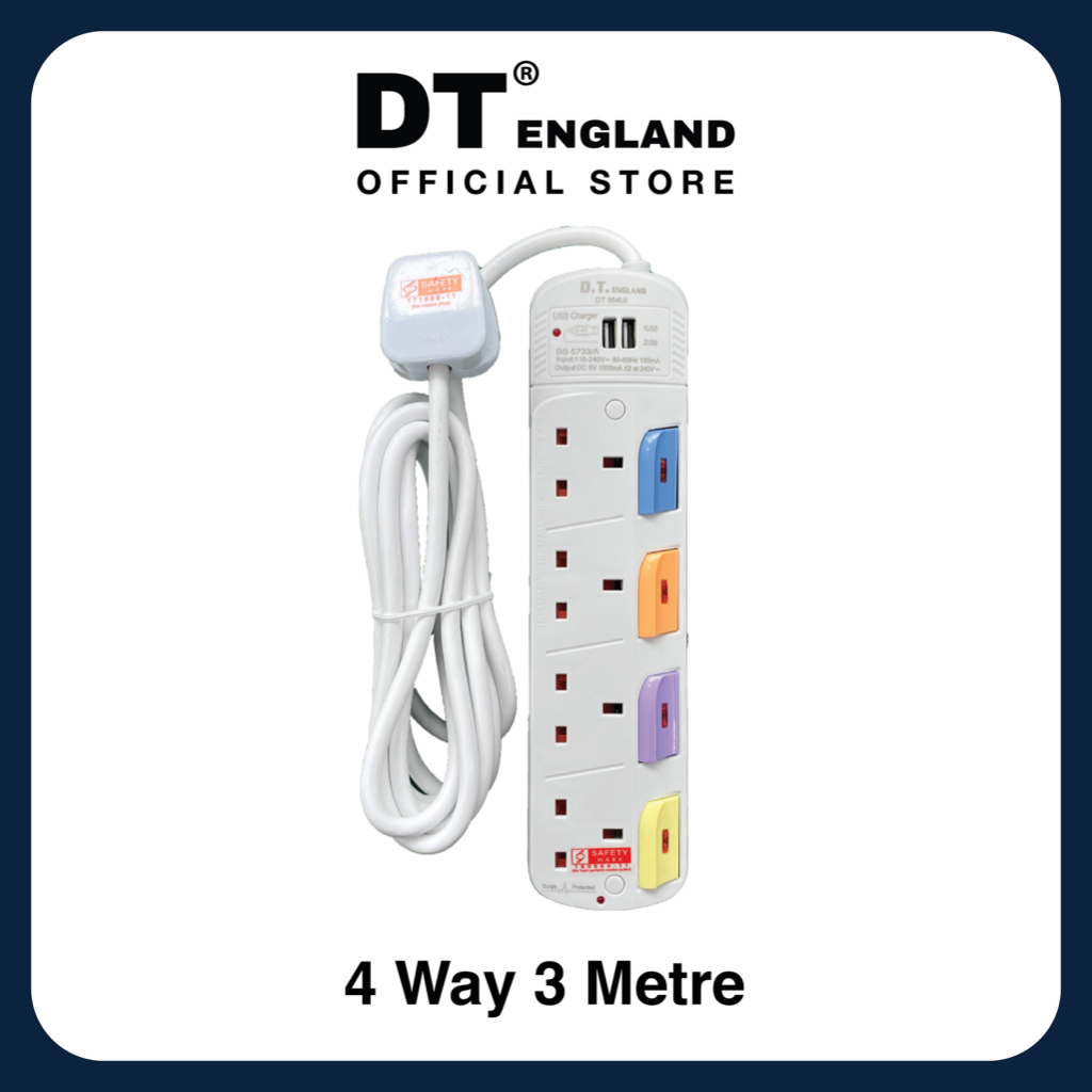 DT England 3M Extension Socket Cord With 2 USB , Approved Surge ...