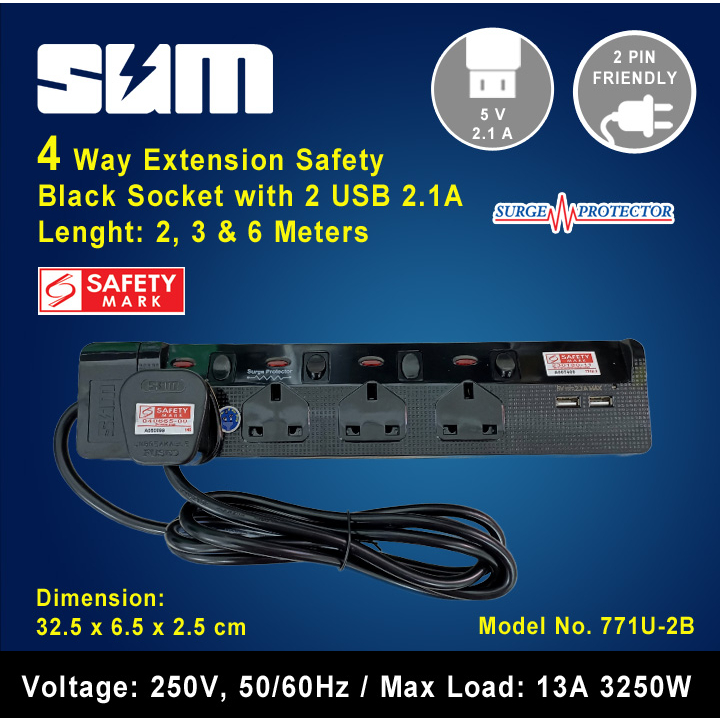 SUM 4 Way Extension Safety Black Socket with 2 USB Ports (2.1A) & Surge ...