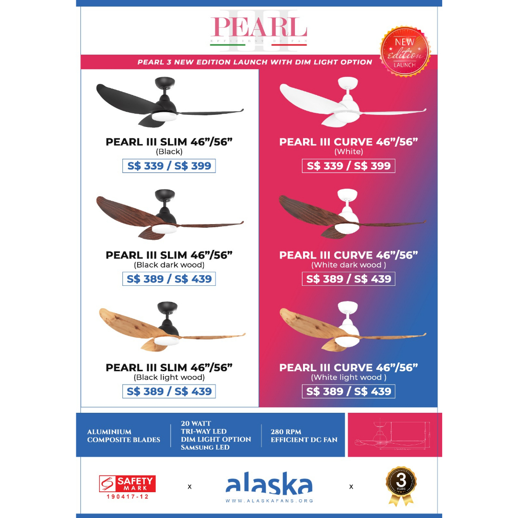 Alaska PEARL III DC Motor Ceiling Fan 20W Samsung LED Flat Slim 3-Tone ...