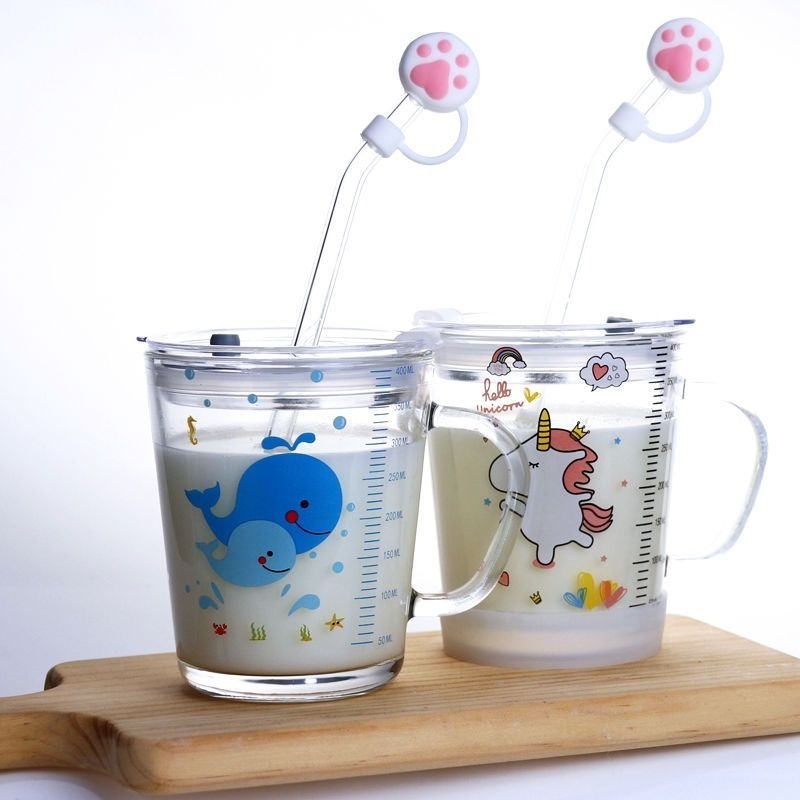 [SG SELLER] Kids milk cup glass with lid cover, glass straw and straw's ...