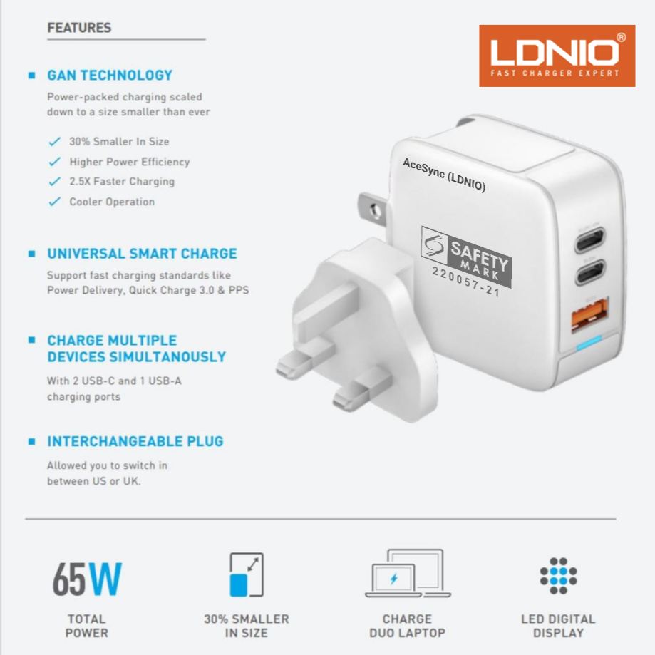 [Genuine] LDNIO GAN65 Dual PD/PPS USB C + QC type A Port Wall Charger ...