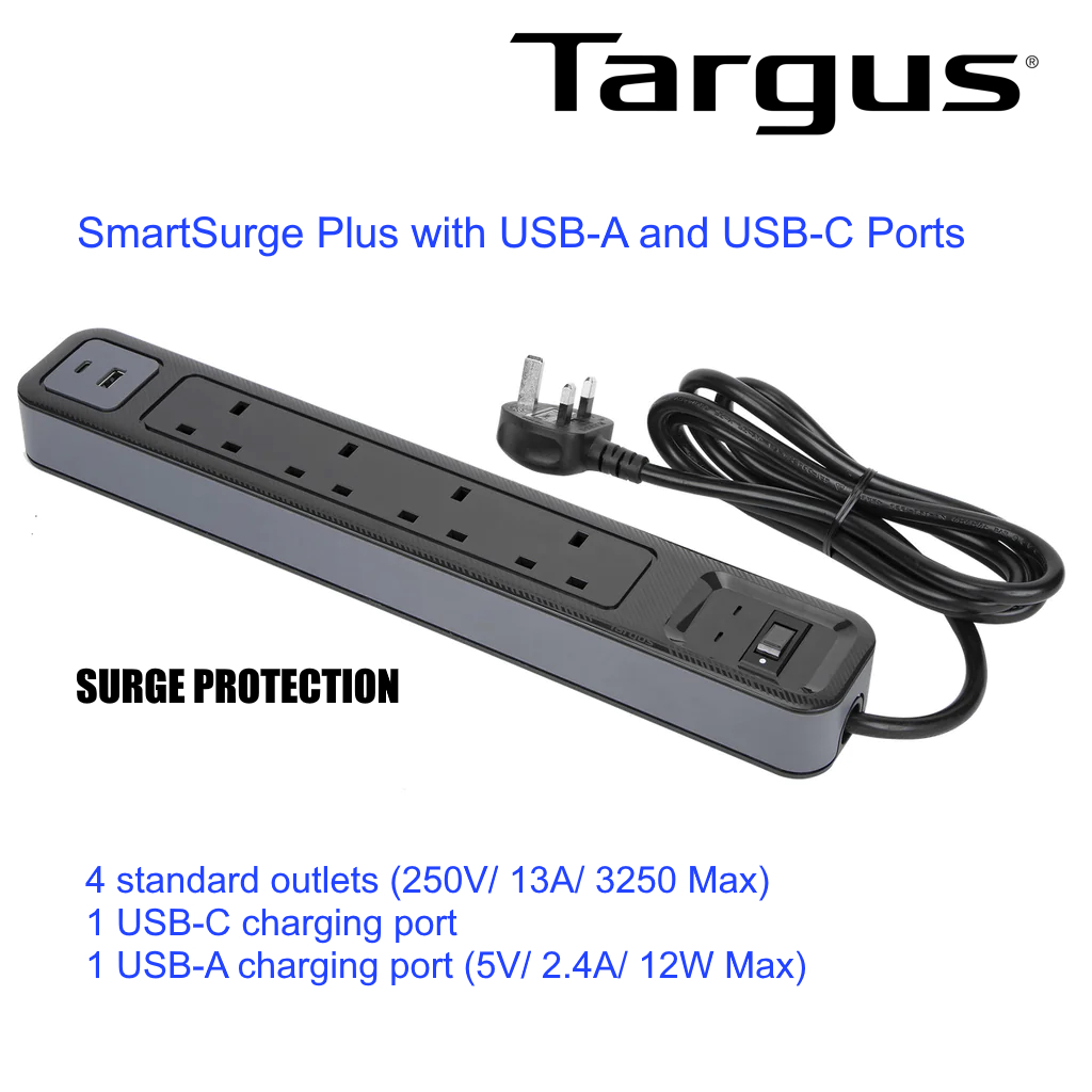 Targus SmartSurge Plus 4 Port Surge Protect Socket with USB-A and USB-C ...