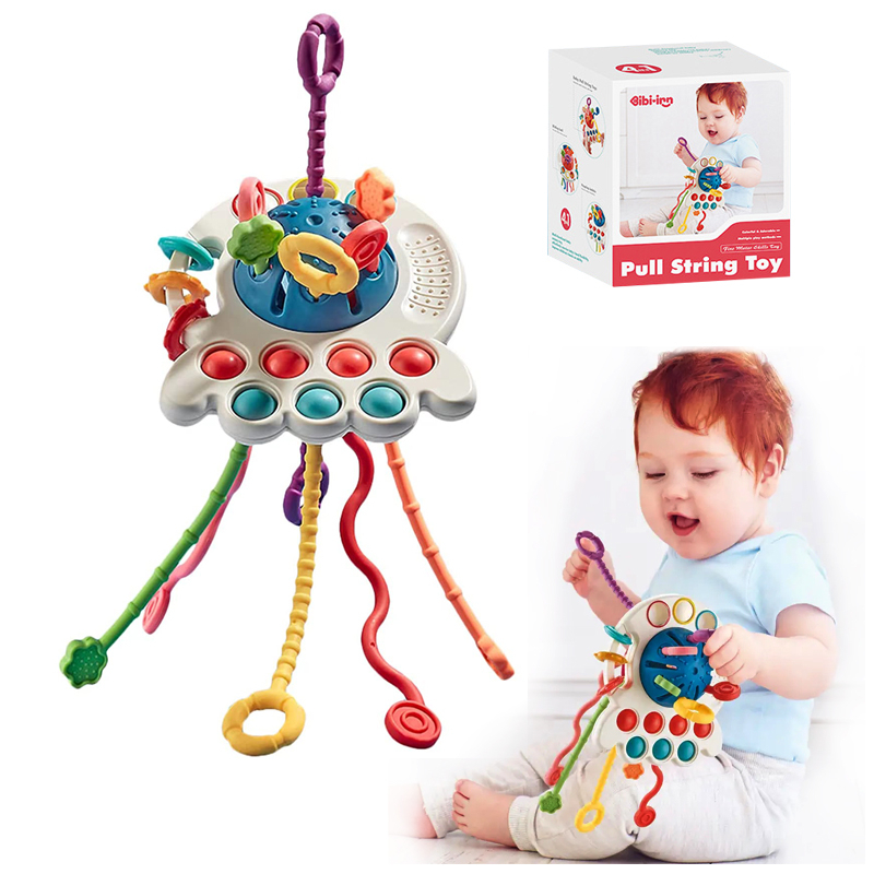 Baby Montessori Pull String Sensory Toys Silicone Teething Activity Toy ...
