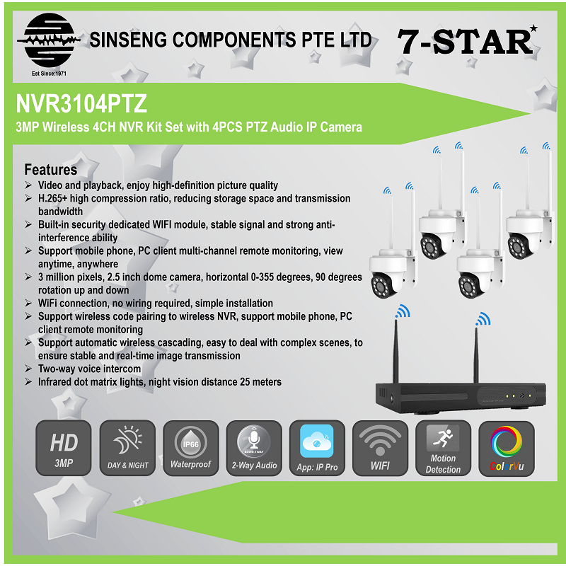 7-STAR* NVR3104PTZ 3MP Wireless 4CH NVR Kit Set with 4PCS PTZ Audio IP ...