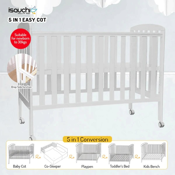 Isa Uchi 5 in 1 Easy Cot with Dropside mechanism + Teething Rail ...