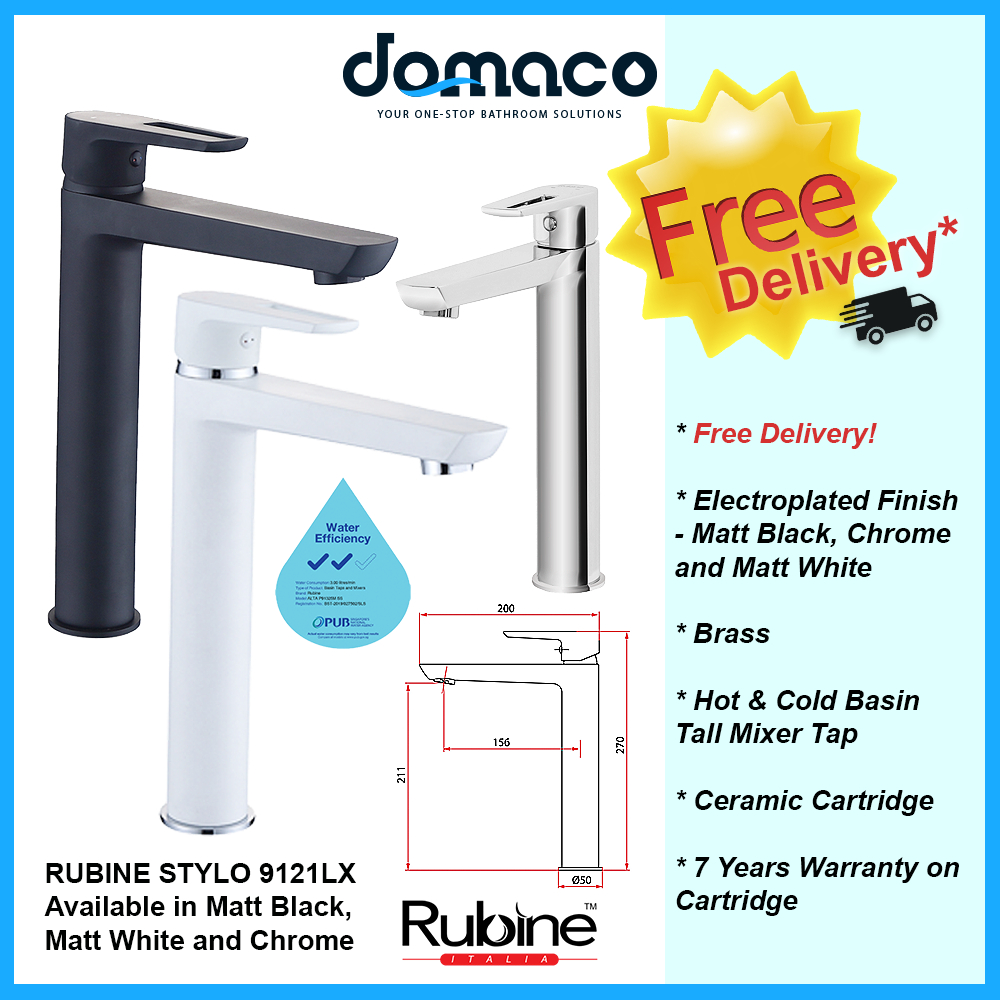 Rubine Stylo 9121LX Tall Basin Mixer Tap [Matt Black/White/Chrome ...